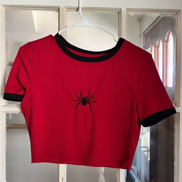 SHEIN | Tops | Shein Red Spider Crop Trip Ribbed Polyester | Poshmark